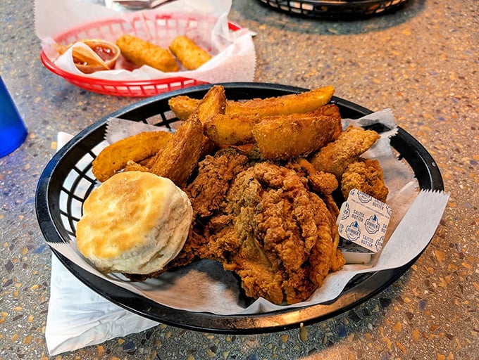 Golden-brown fried chicken that makes Colonel Sanders nervous. That perfect crunch is the soundtrack to happiness. 