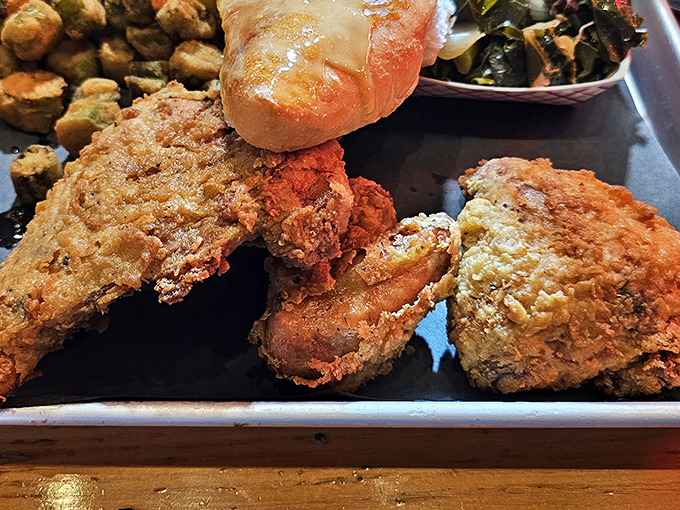 Golden-brown fried chicken that makes Colonel Sanders look like an amateur. That crust could win awards for both appearance and crunch factor.