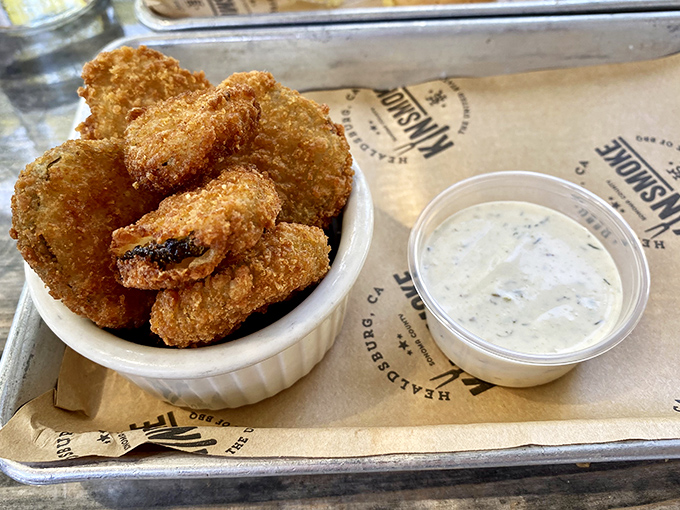 These fried green tomatoes aren't just Southern transplants; they've found their spiritual home in California, golden-crisp and ready for their close-up.