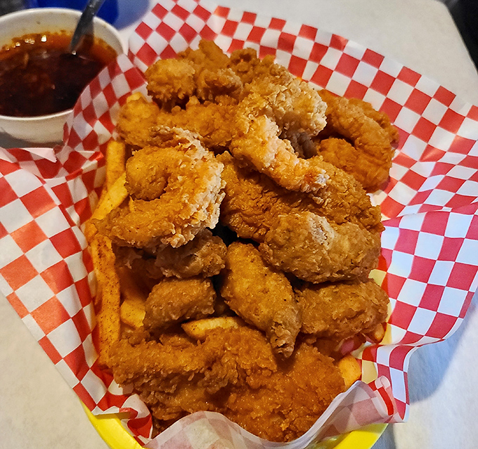Golden-fried shrimp that crunch like autumn leaves&mdash;a basket of crispy perfection waiting for its dip in tangy sauce.