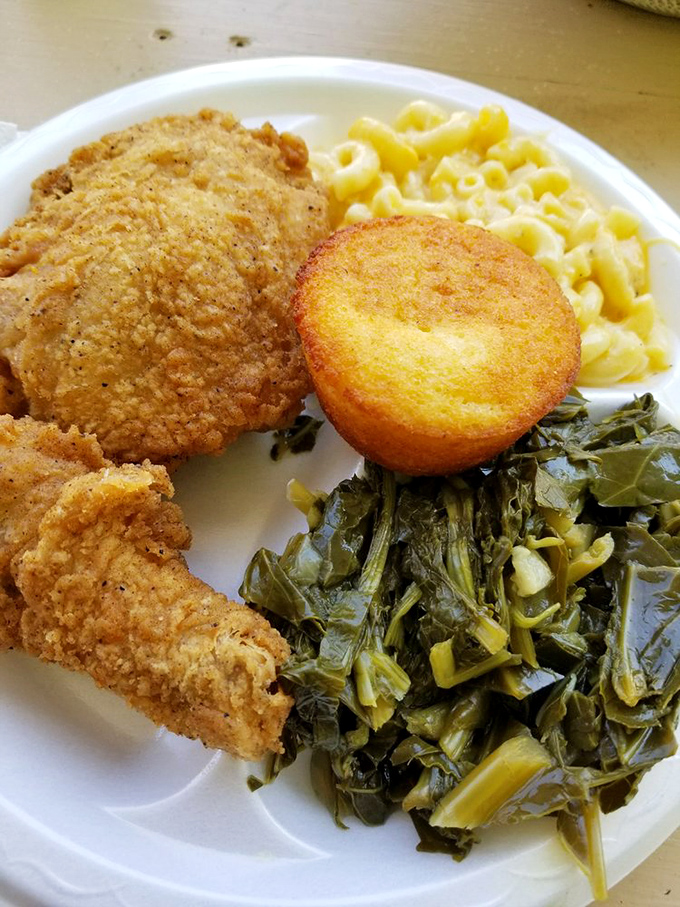 Soul on a plate: perfectly golden fried chicken, creamy mac and cheese, and collard greens that could make your grandmother jealous.