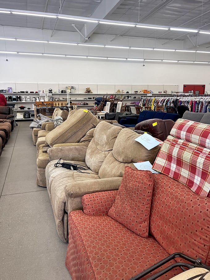 Couches in every shade and style create a living room lineup that spans decades – from "I remember Grandma had that" to "perfect for my apartment."