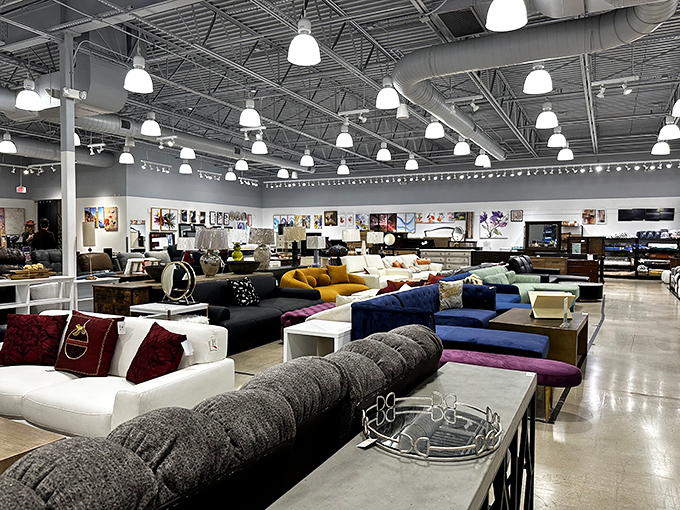 Not your grandmother's furniture store! Modern sofas in every hue imaginable make you suddenly question if your living room needs a complete makeover.