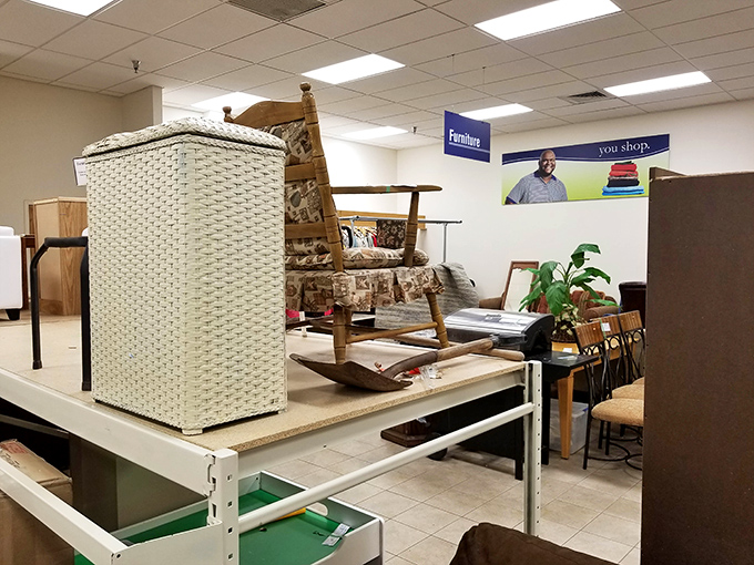 The furniture section: where that perfect mid-century chair you never knew you needed patiently waits alongside wicker baskets holding untold stories of previous homes.