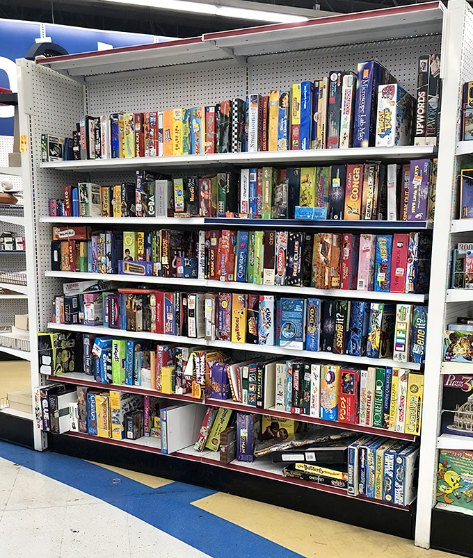 Board game heaven awaits! From vintage Monopoly to forgotten gems, this aisle promises family game nights without the dreaded "low battery" warnings.