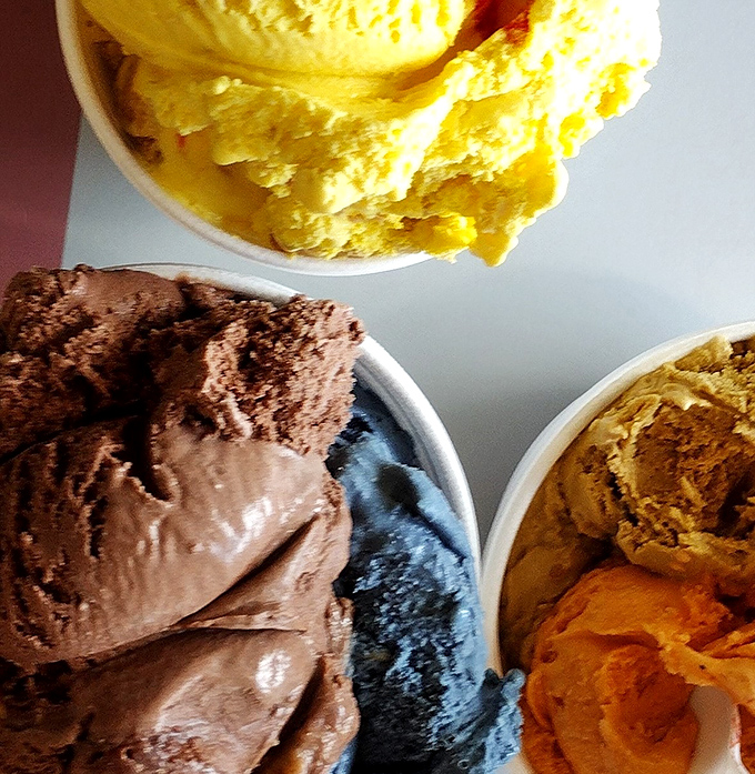 Three scoops of heaven in three different hues. Chocolate so rich it should have its own tax bracket.