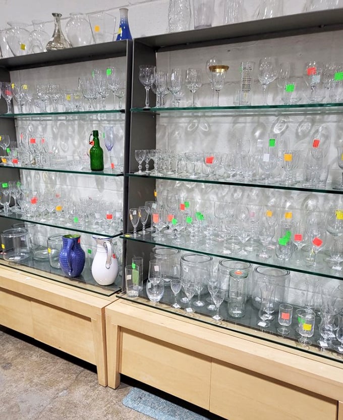 Crystal kingdom! Enough glassware to host everything from a royal wedding to Tuesday night book club, all tagged with those magical colored stickers.