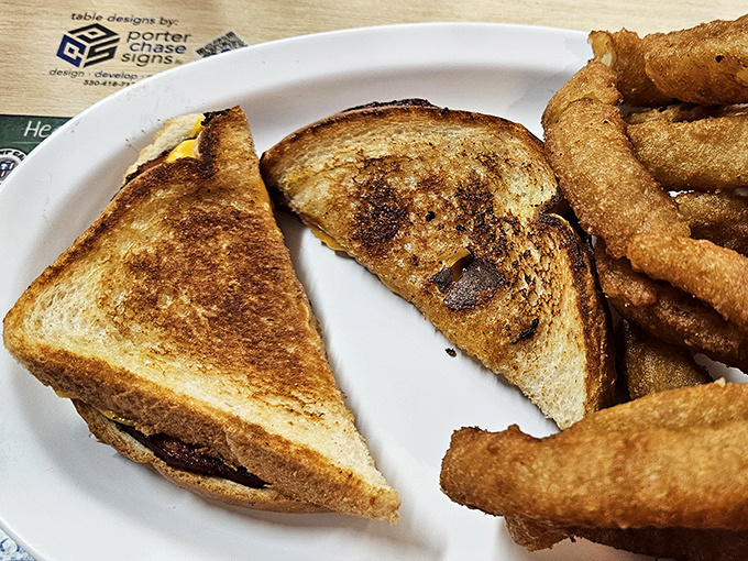 Golden-brown perfection that makes you question why anyone bothers with fancy cheese. This grilled cheese and onion rings combo is childhood nostalgia with adult portion sizes.