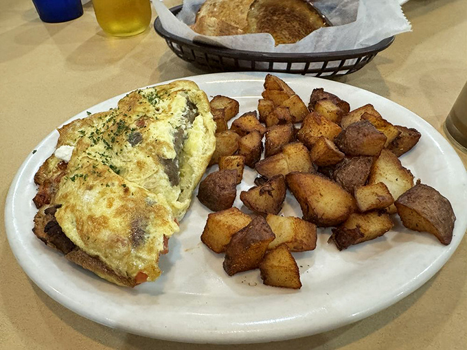 Behold the legendary gyro omelet &ndash; fluffy eggs embracing seasoned meat like a Mediterranean love story.