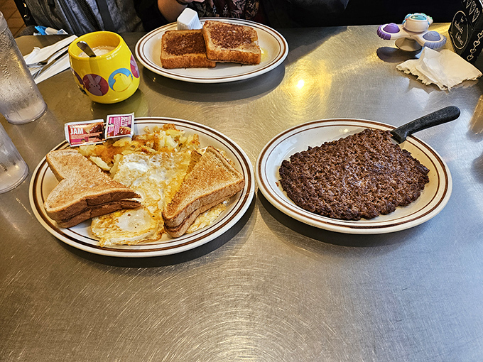 Eggs, toast, and scrapple &ndash; the holy trinity of Pennsylvania breakfast, served on plates that have seen generations of satisfied smiles.