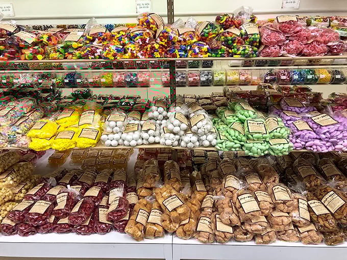 A rainbow of hard candies and treats organized with military precision. Your inner child is already reaching for a basket.