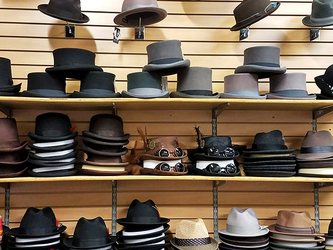Hat heaven exists, and it's organized by style and shade. Your next personality awaits on these shelves.