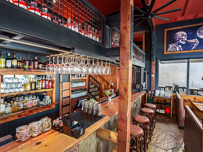 This bar's skeleton artwork isn't just decoration&mdash;it's a nod to Jerome's "spirit-ed" reputation as Arizona's favorite haunted hillside hangout.