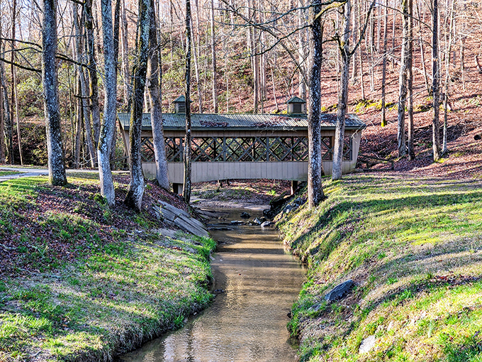 A covered bridge spans a gentle creek in Henderson Falls Park. The perfect spot for contemplating life's big questions or simply watching leaves float downstream.
