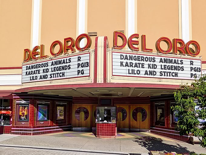 The Del Oro's marquee still lights up like it's 1942 and everyone's got a date for Saturday night.