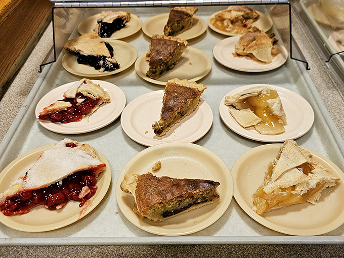 Pie paradise found! This tray of homemade slices isn't just dessert&mdash;it's an edible museum of American baking tradition, with each variety vying for your fork's attention.