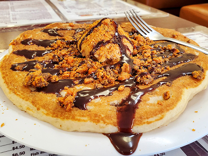 This pancake isn't just breakfast—it's dessert masquerading as a morning meal. Chocolate, crumbles, and zero regrets.