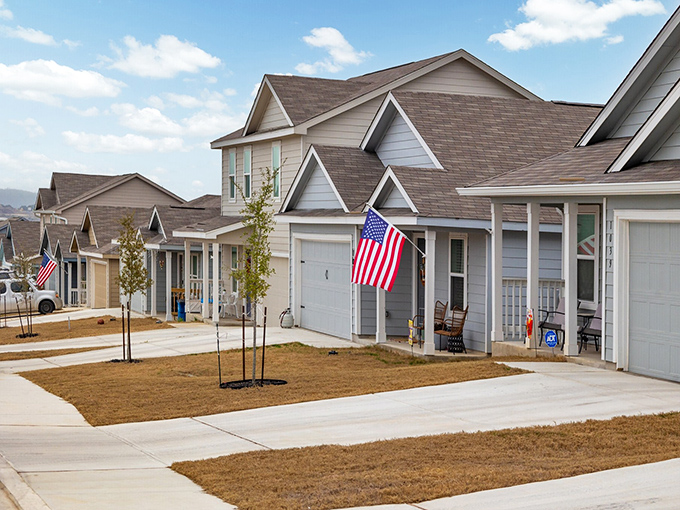 Affordable housing is a major draw for retirees, with well-maintained neighborhoods featuring American flags and tidy yards.