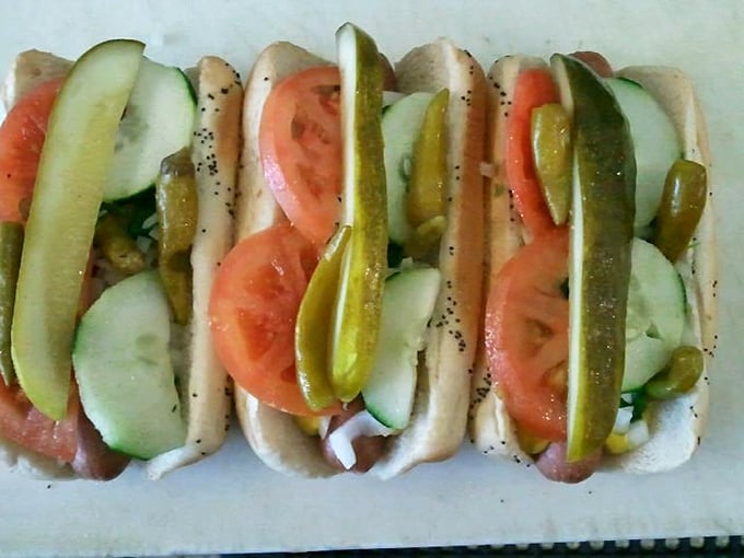 Chicago dogs in their natural habitat&mdash;"dragged through the garden" with all the fixings, no ketchup in sight, as the hot dog gods intended.