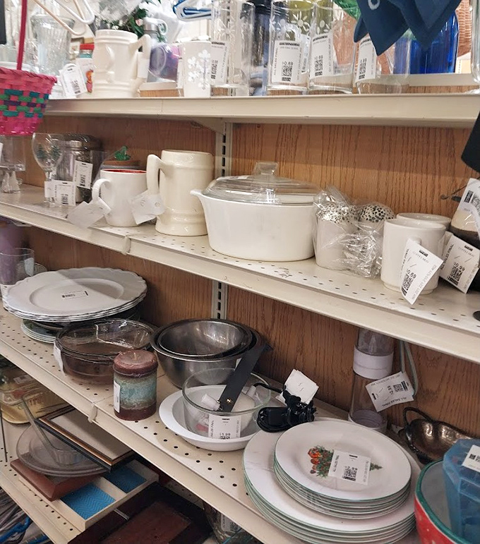 Kitchen essentials galore! From barely-used casserole dishes to vintage Pyrex, these shelves hold the potential to outfit your kitchen for less than the cost of a fancy dinner out.