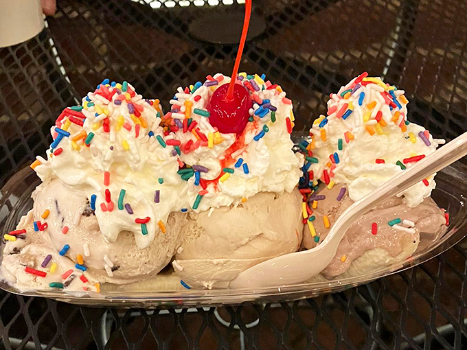 A celebration in a dish: vanilla scoops crowned with whipped cream, rainbow sprinkles, and that iconic cherry on top.