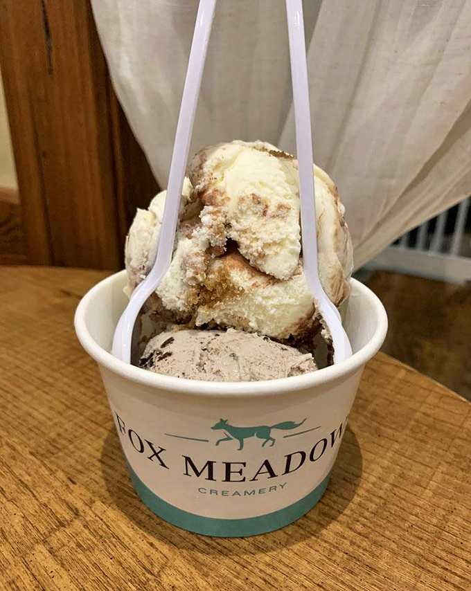 Two generous scoops nestled in a Fox Meadows cup &ndash; proof that sometimes the best things in life come with two spoons and zero regrets.