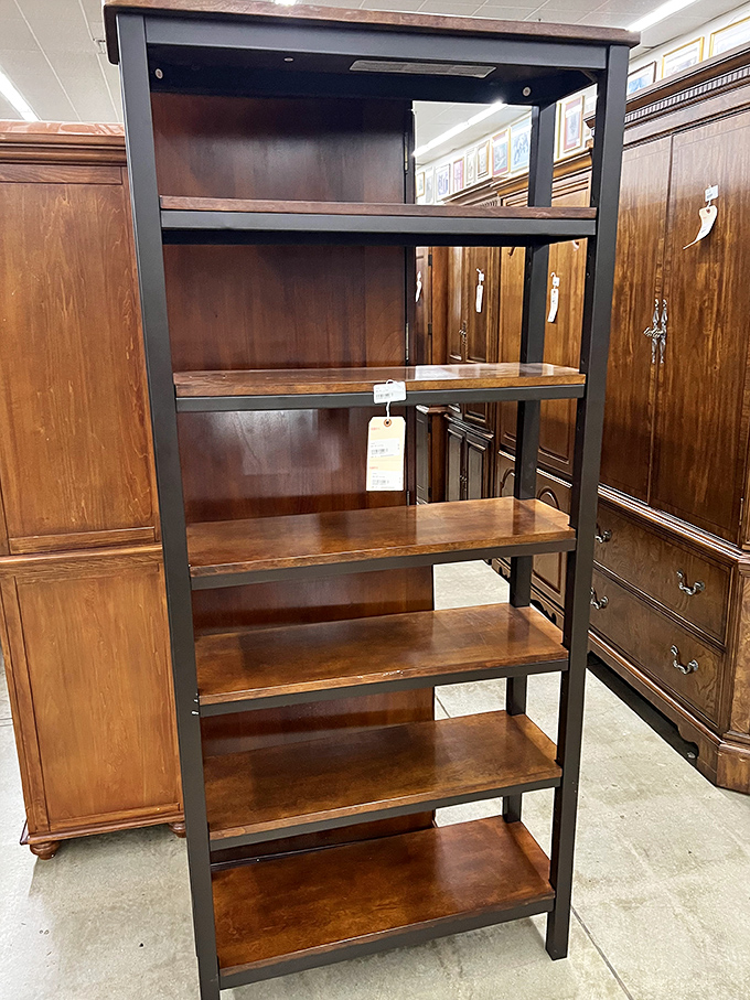 Industrial meets warmth in this modern shelving unit &ndash; perfect for displaying your collection of unread books and conversation pieces.