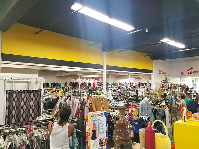 Row after row of children's clothing stretches toward the horizon, a kaleidoscope of possibilities for growing kids and shrinking wallets.