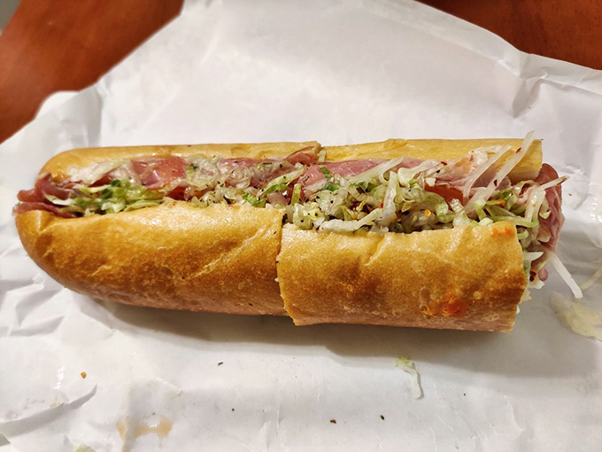 Behold the Italian hoagie in all its glory&mdash;layers of thinly sliced meats, crisp vegetables, and that perfect oil drizzle creating edible architecture.