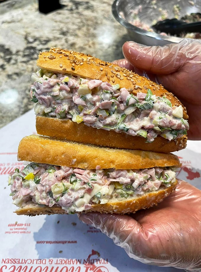 Sandwich architecture at its finest. This ham salad creation on seeded Italian bread isn't just lunch&mdash;it's the reason people drive across county lines.