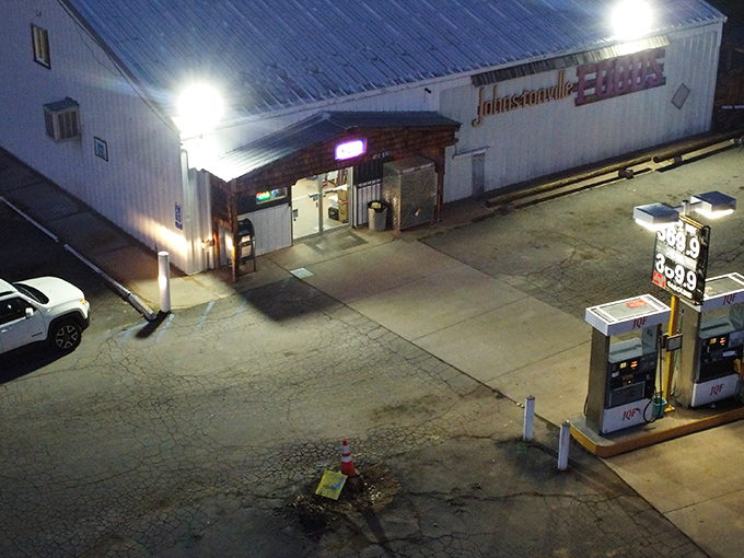 Johnstonville Foods illuminates the night like a beacon for hungry travelers. Where else can you fill your tank and your stomach without battling big city traffic?