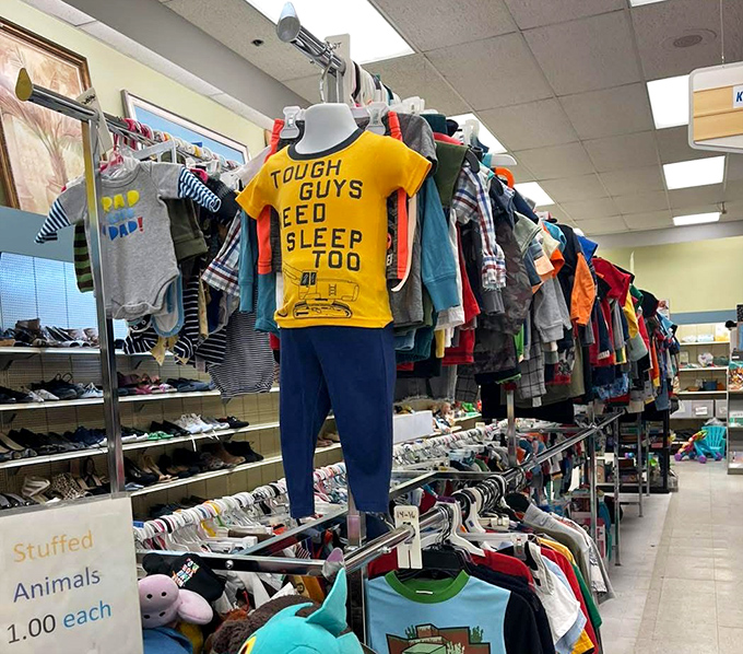 "Tough Guys Need Sleep Too" proclaims a tiny t-shirt, hanging among a rainbow of children's clothes priced less than a fancy coffee.