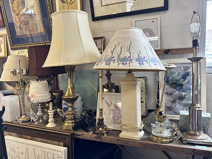 The lamp section glows with potential—one person's outdated lighting fixture is another's "vintage statement piece."