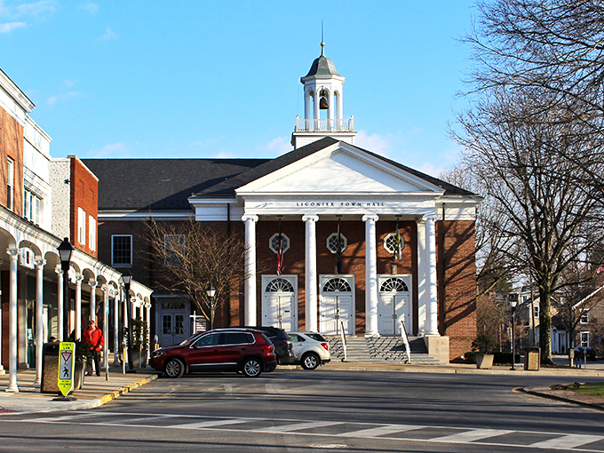 The stately Ligonier Town Hall commands attention with its classic columns and symmetrical design&mdash;Norman Rockwell couldn't have painted it better. 
