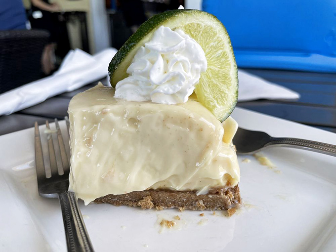 The star of the show: key lime pie that strikes that perfect balance between tart and sweet, topped with a lime slice that's practically winking at you.