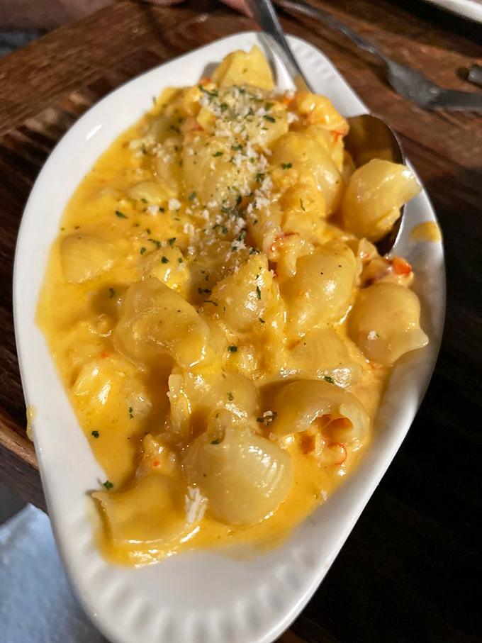 Lobster Mac & Cheese that makes you question why anyone would ever eat the boxed stuff again&mdash;chunks of sweet lobster nestled in creamy, cheesy comfort.