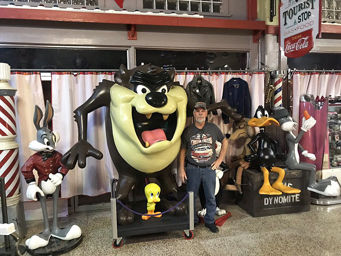 Looney Tunes characters stand guard like colorful sentinels of childhood memories. That Taz looks like he just spotted the gift shop!