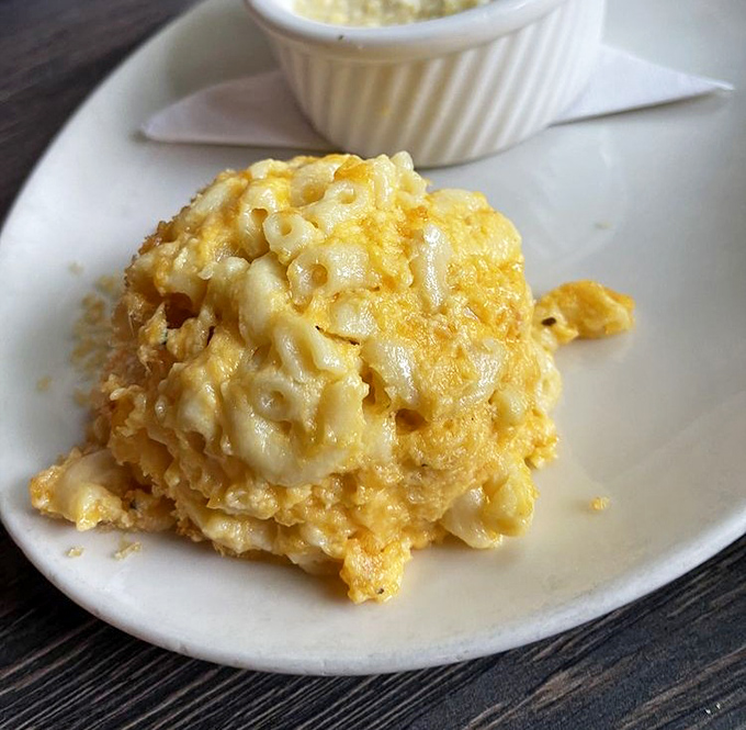Behold the mac and cheese – a golden monument to dairy devotion that might just make you propose marriage to your server.