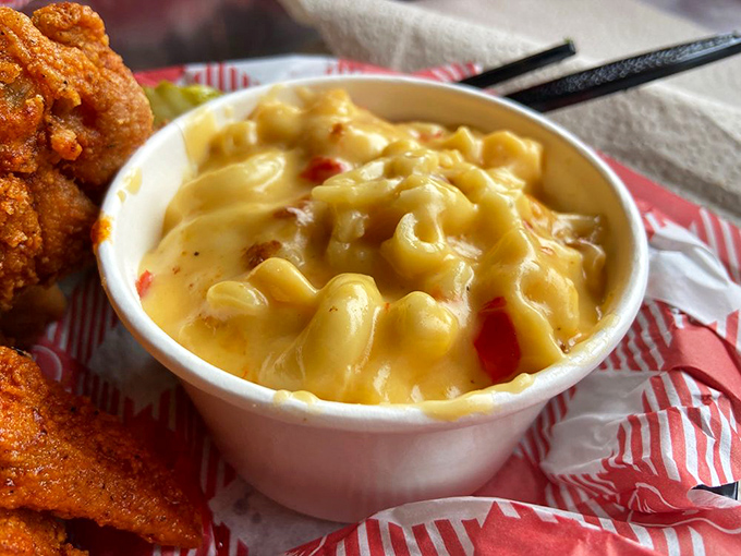 Behold the golden glory: mac and cheese so creamy, it should come with its own love ballad.