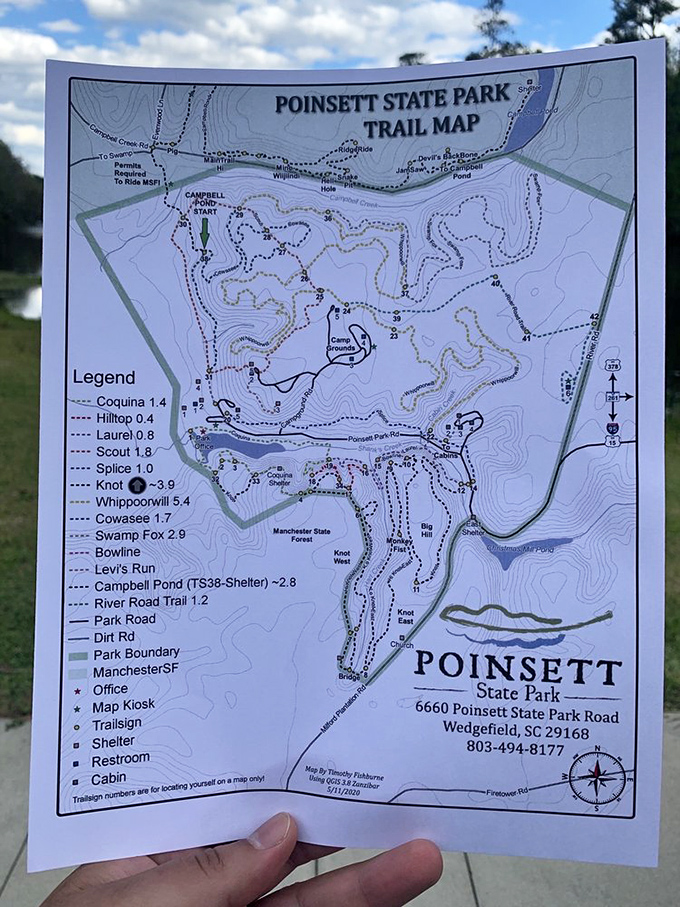 The treasure map to outdoor bliss. Trail names like "Whippoorwill" and "Swamp Fox" promise adventures worthy of your hiking boots.