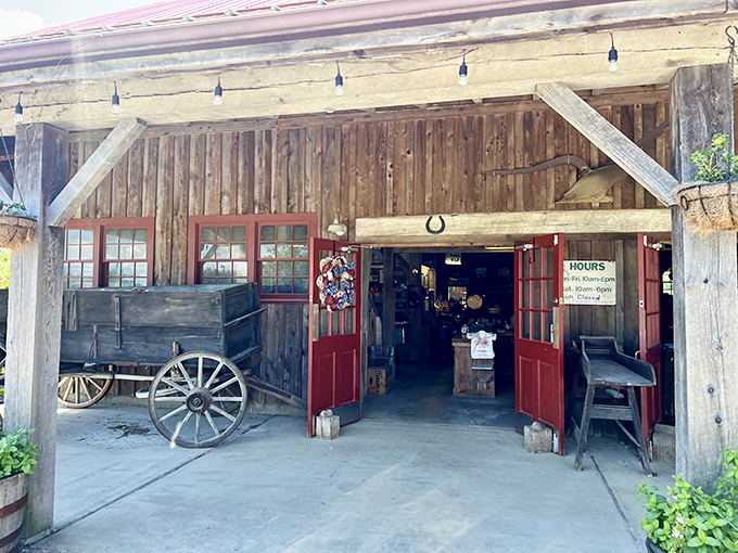 This rustic farm market entrance looks like it was plucked from a Norman Rockwell painting. The wagon wheel isn't decorative&mdash;it's autobiographical.