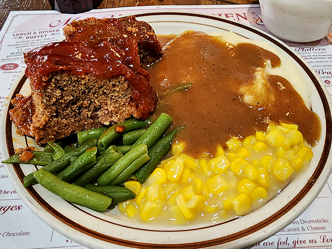 Meatloaf that would make your grandmother jealous, swimming in gravy that demands to be sopped up with every available carb.