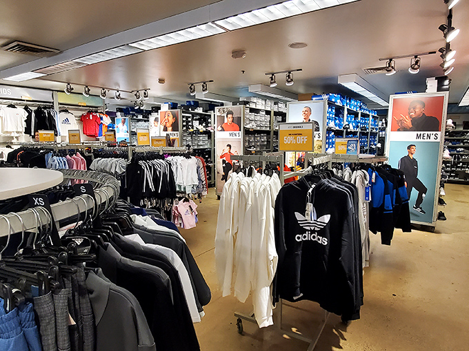 Adidas heaven awaits with racks upon racks of athletic wear. The "50% OFF" sign might be the most beautiful three words in the English language.