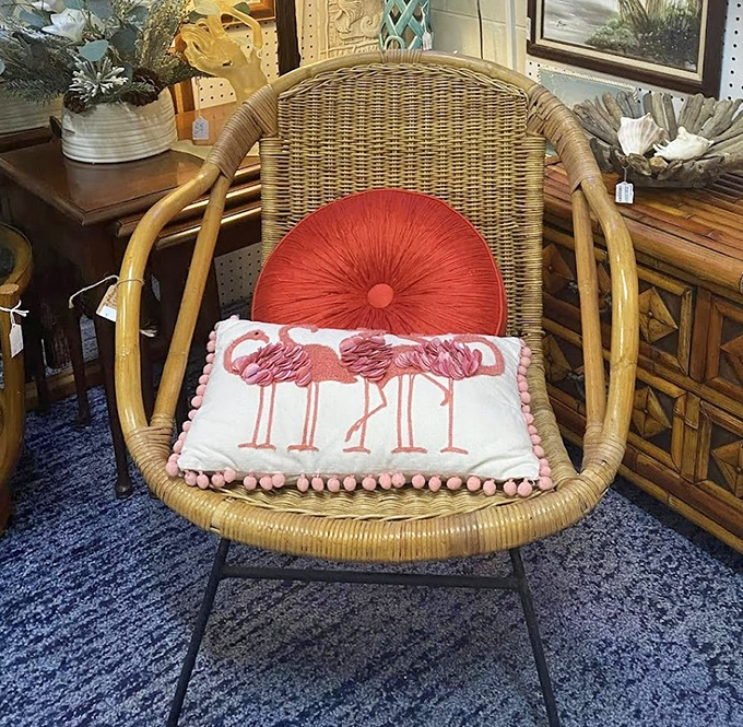 Florida meets function in this wicker chair, complete with flamingo pillow. The perfect spot for sipping lemonade and reminiscing.