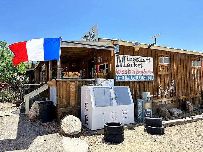 The Mineshaft Market proudly flies its colors while promising the essentials &ndash; groceries, Italian jewelry, and souvenirs. Only in Chloride would this combination make perfect sense!
