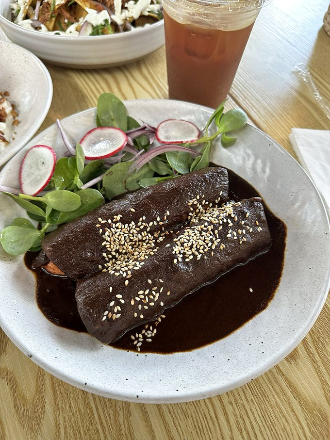 Mole negro so dark and complex it could have its own HBO series. Those sesame seeds add the perfect supporting cast to this enchilada masterpiece.