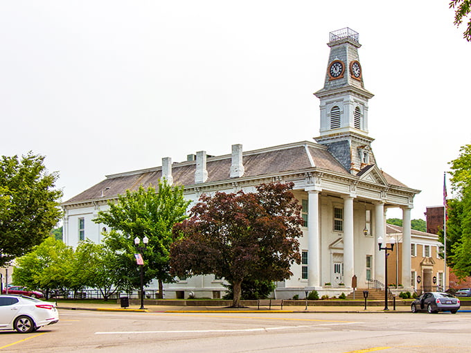 The Morgan County Courthouse stands like a dignified elder statesman, its clock tower keeping time for generations of McConnelsville residents.