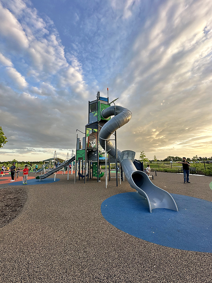 Modern playground equipment reaching toward endless Delaware skies. This park combines cutting-edge fun with the timeless appeal of open spaces.