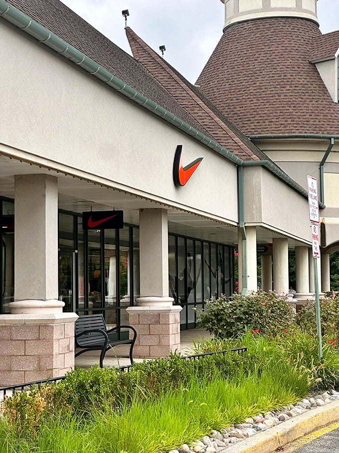 Nike's swoosh promises athletic redemption at outlet prices. Even if your marathon is just walking from one end of the mall to the other.