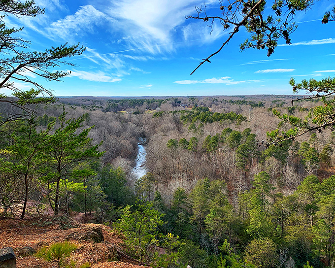 From Occoneechee Mountain's summit, the Eno River valley unfolds like a living postcard below.